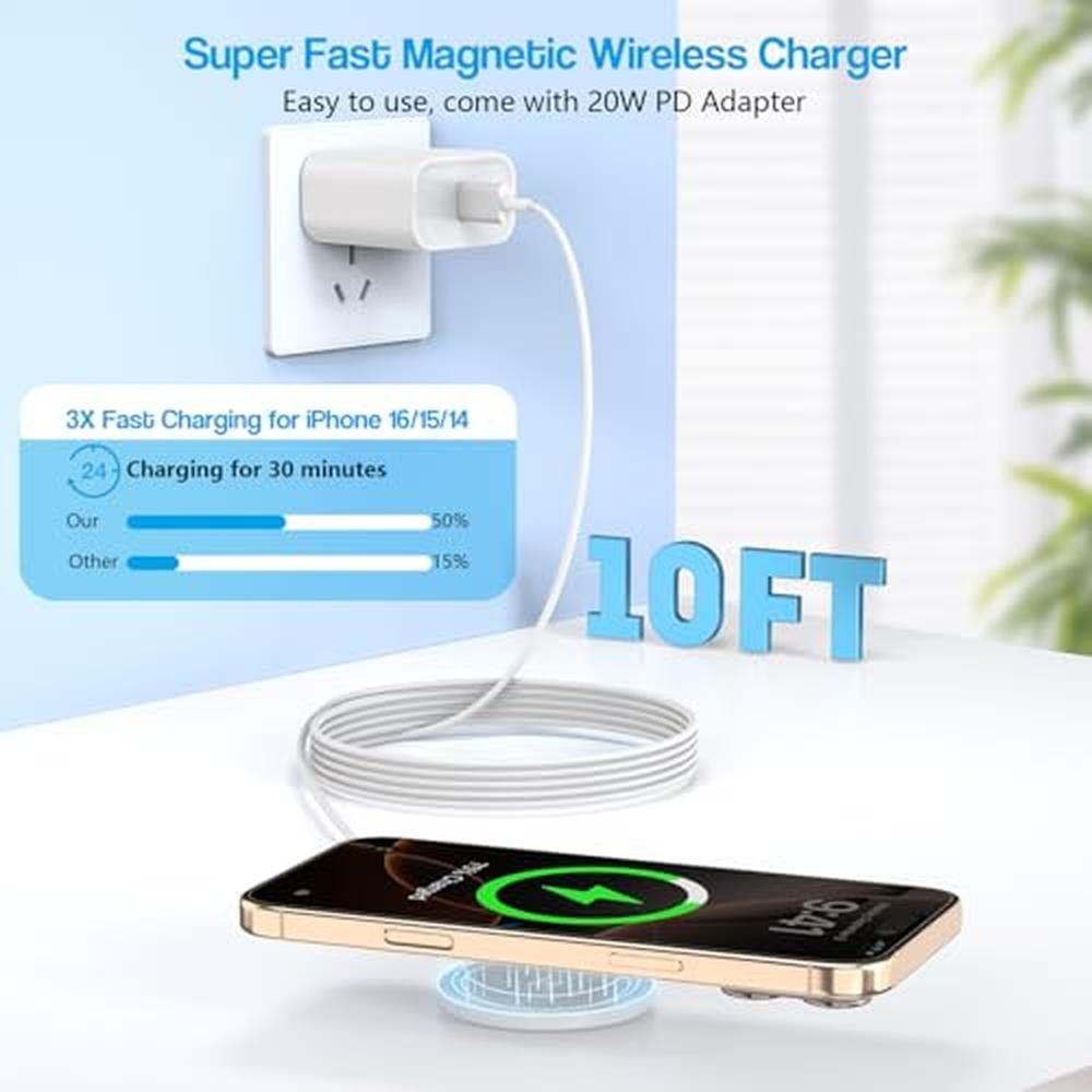 10FT Magnetic Wireless Charger,15W Fast Apple Mag-Safe Charger for iPh ...