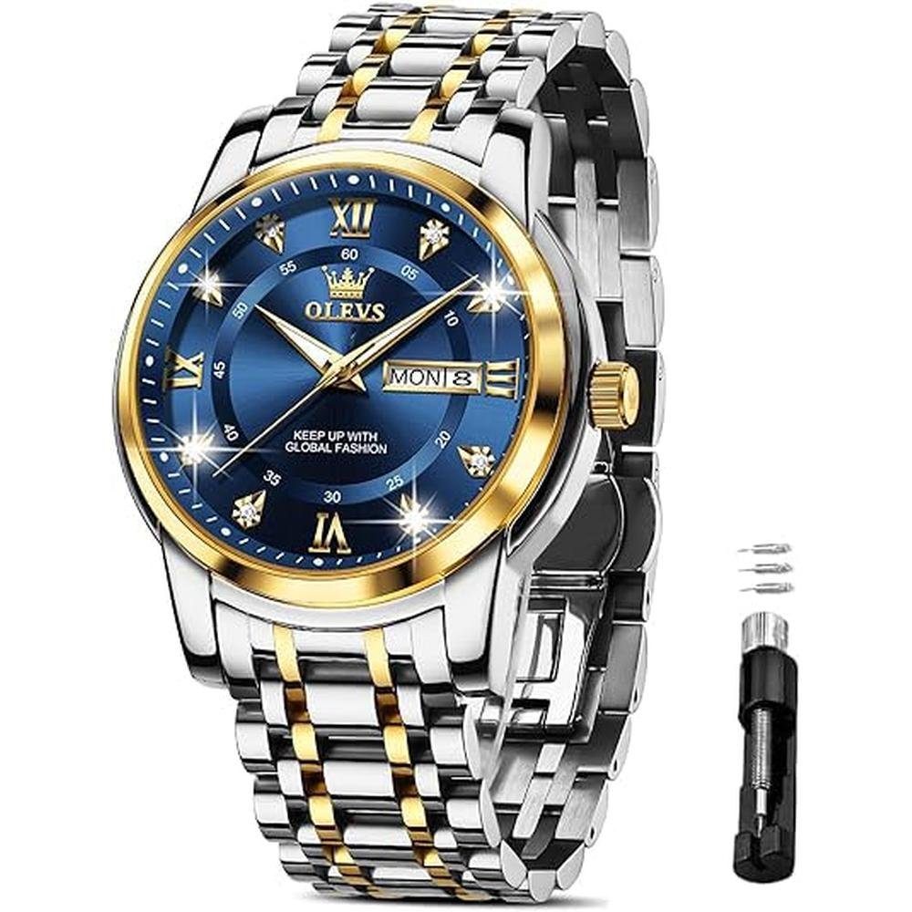 Watch OLEVS | OLEVS Men Blue Gold Analog Quartz Stainless Steel ...