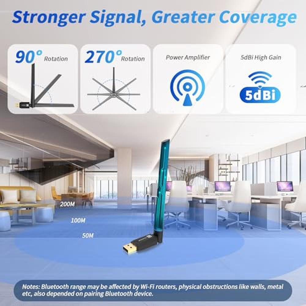 Krisnorey Long Range Bluetooth 6.0 Adapter for PC, Built-in PA for 5dB ...