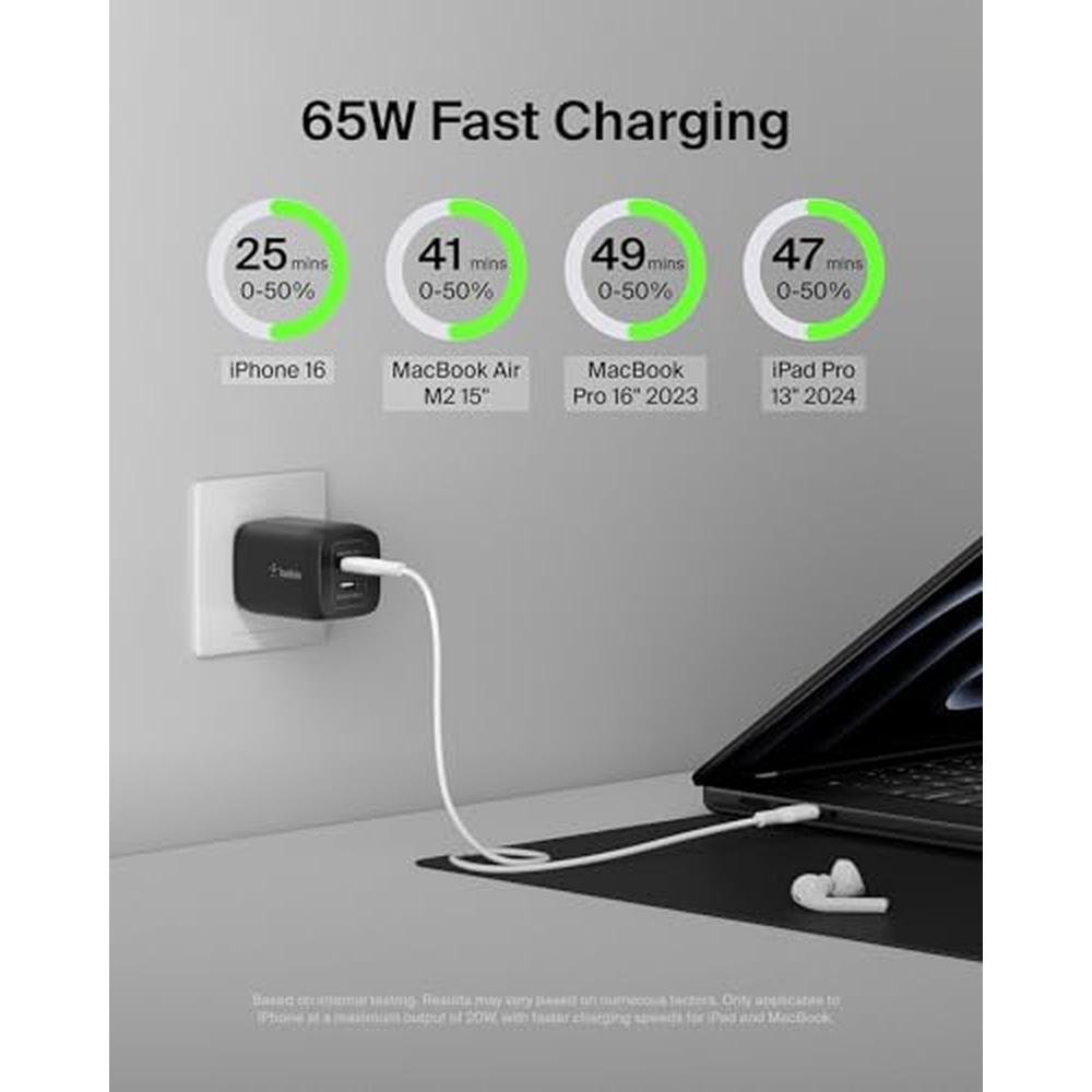 Belkin Dual USB C Charger Block 65W, Super Fast Charging PD 3.0 w/GaN ...