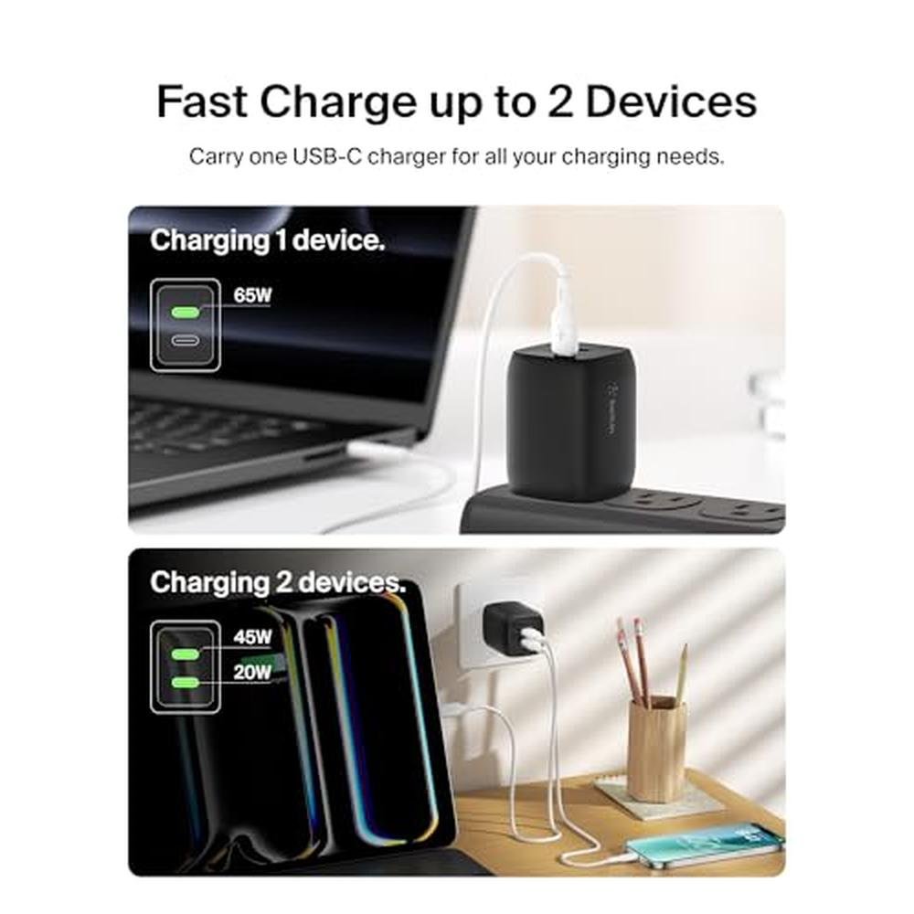Belkin Dual USB C Charger Block 65W, Super Fast Charging PD 3.0 w/GaN ...