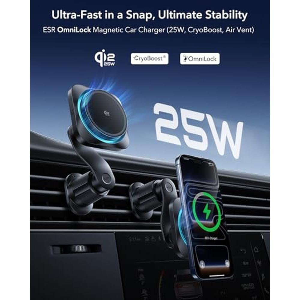ESR OmniLock Qi2.2 Certified 25W MagSafe Car Mount Charger with CryoBo ...