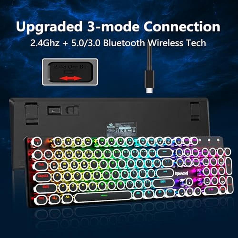 Redragon K710 Wireless Typewriter Style Mechanical Gaming Keyboard, Bl ...