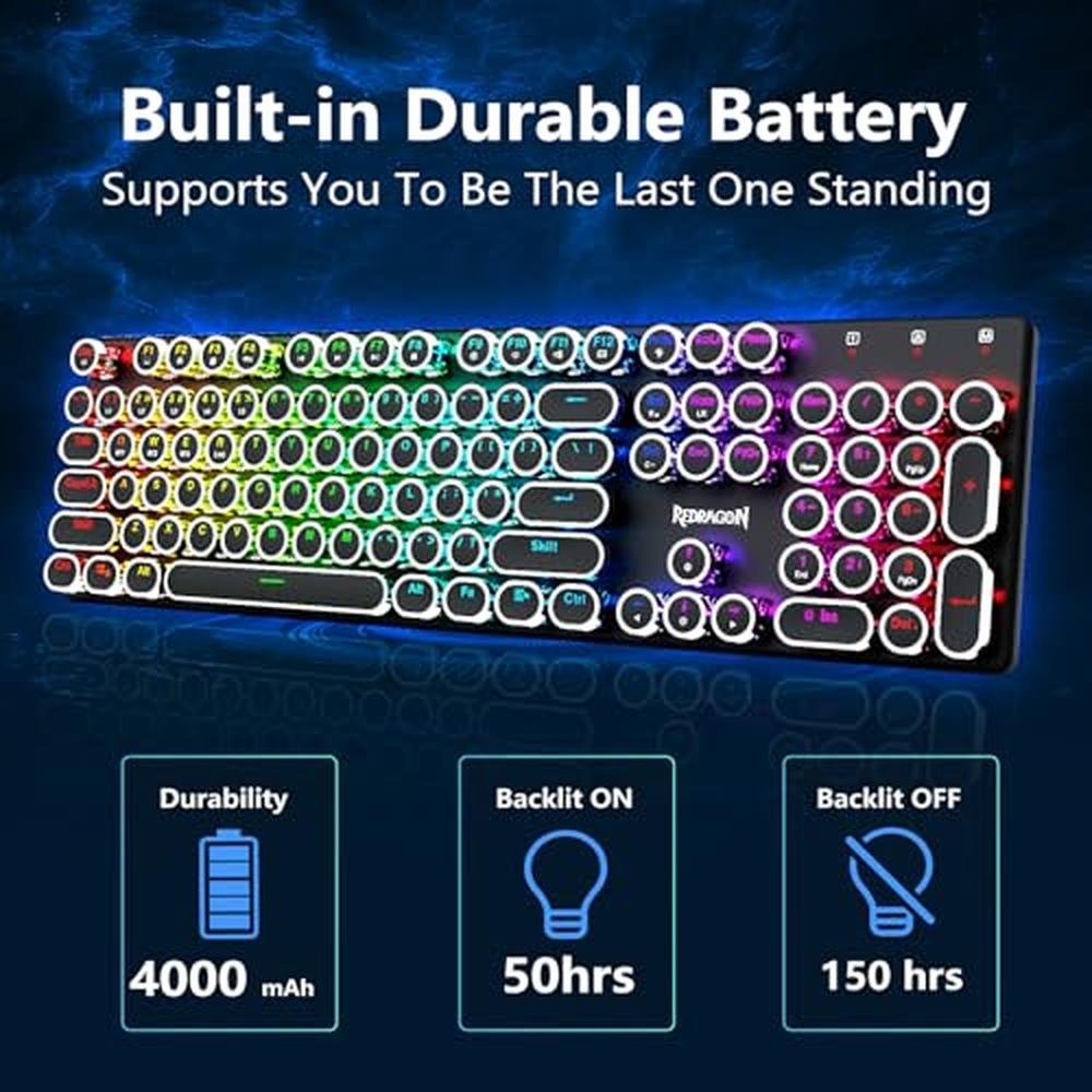 Redragon K710 Wireless Typewriter Style Mechanical Gaming Keyboard, Bl ...