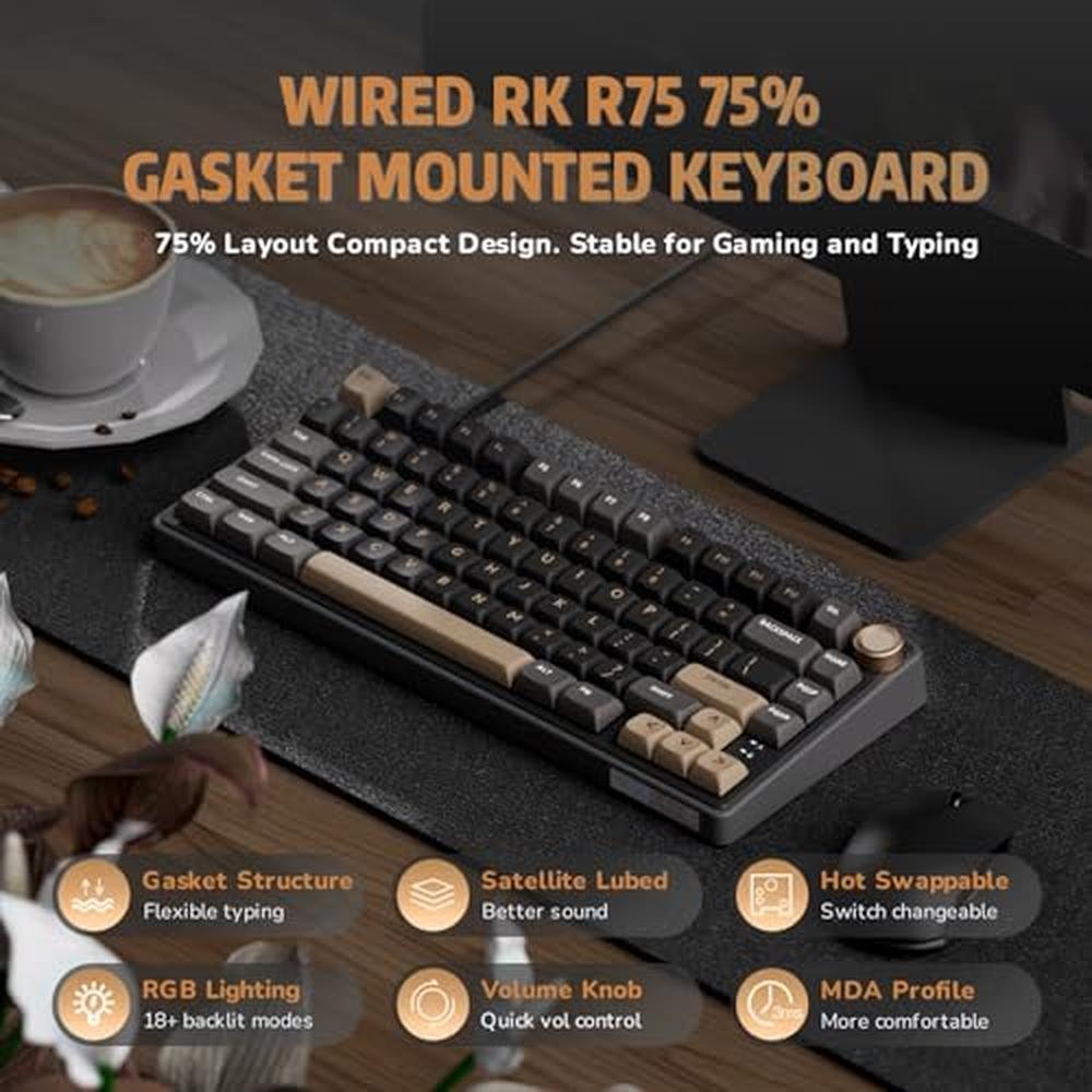 RK ROYAL KLUDGE R75 Wired Gaming Keyboard with Volume Knob, 75% Mechan ...