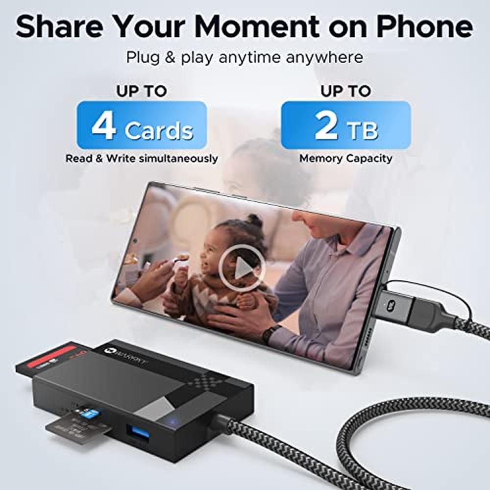 SD Card Reader 7 in 1, WARRKY [Dual Connector USB3.0/USB C, 2.5FT Nylo ...