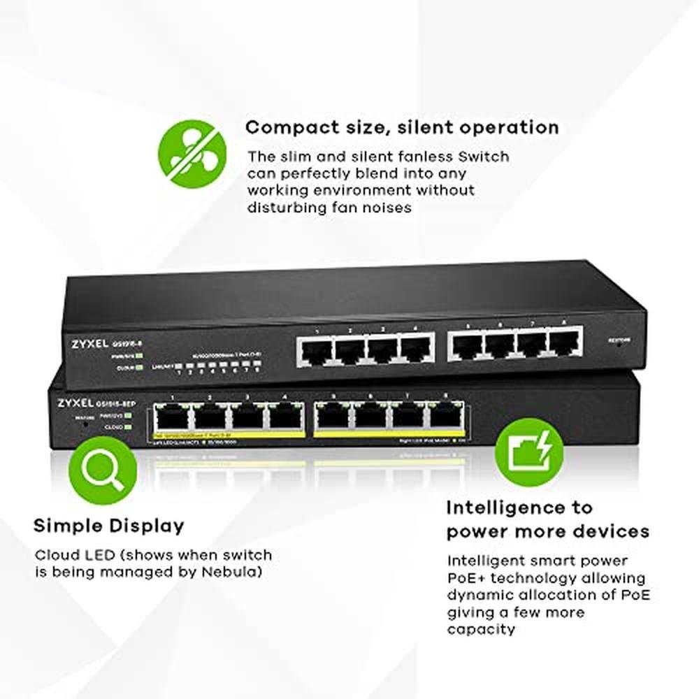 Zyxel 8-Port PoE GbE Switch | Smart-Hybrid Mode | 8x PoE+ @60W | Optio ...